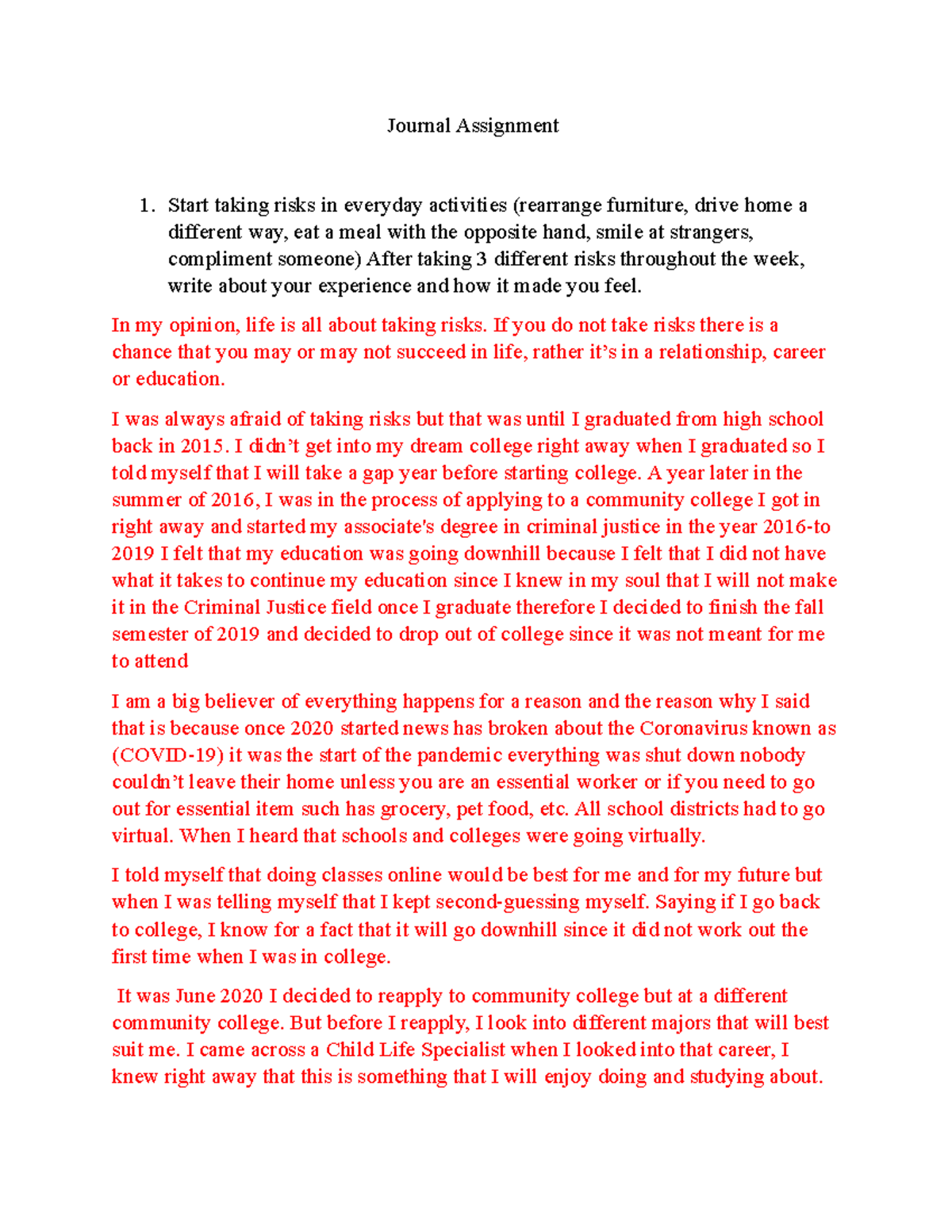 Journal 1 - Journal Assignment Start taking risks in everyday ...