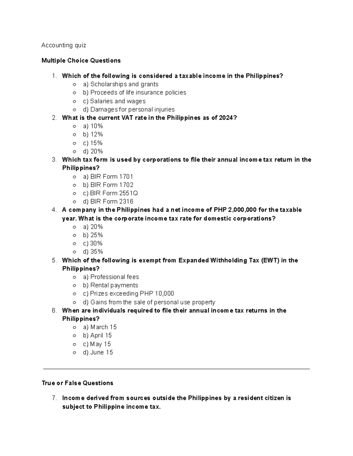 Philippines TAX Reform - Accounting quiz Multiple Choice Questions 1 ...