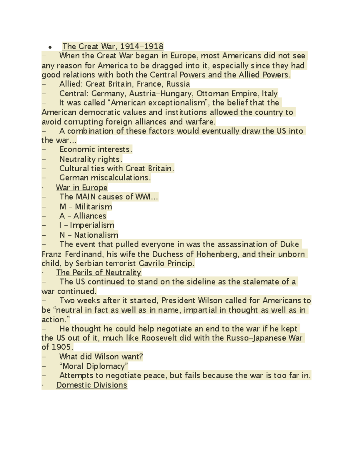 Chapter 22 - US history 151 - The Great War, 1914- When the Great War ...