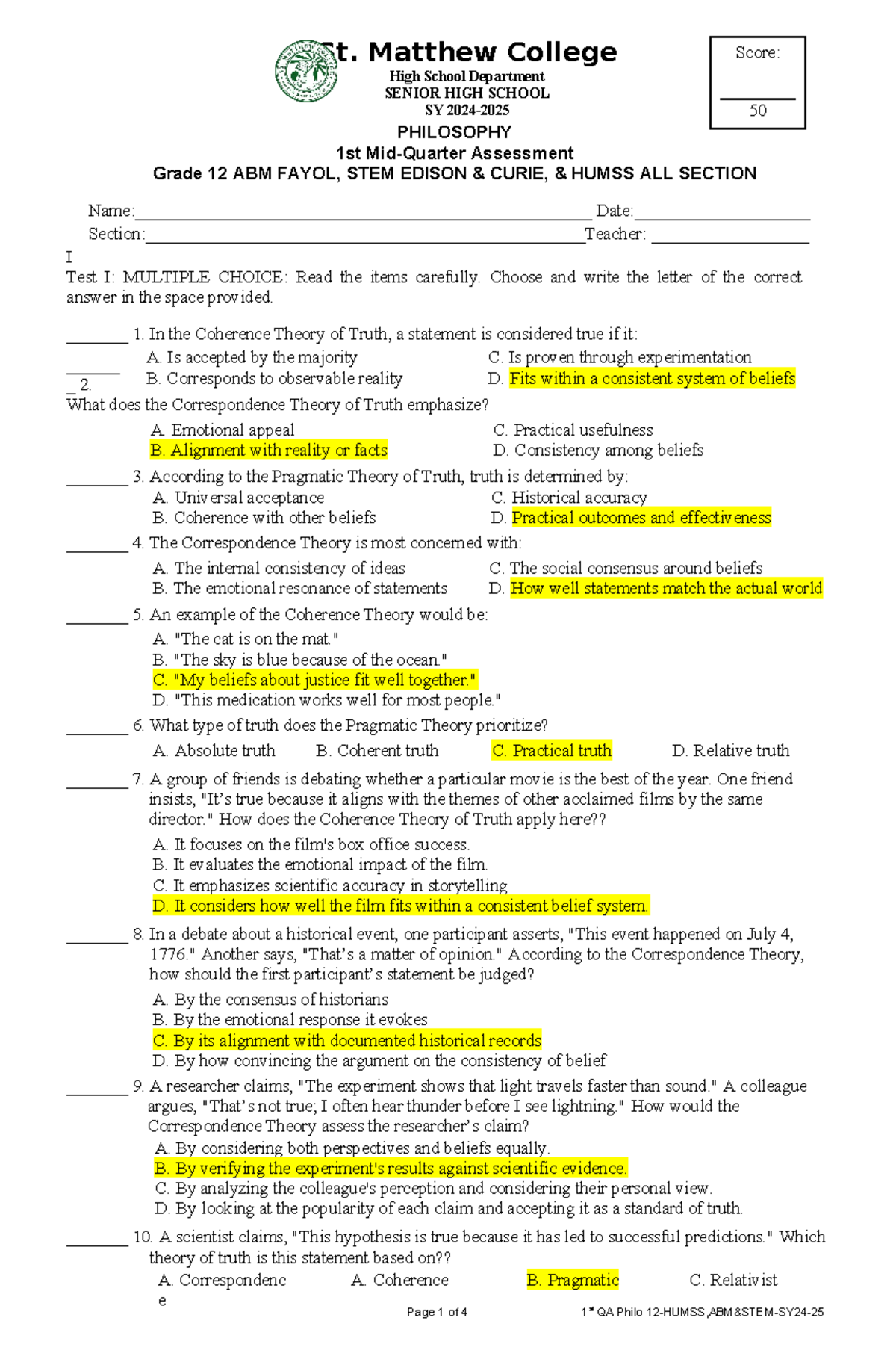 Philo TP 1QA24 25 - PHILOSOPHY 1st Mid-Quarter Assessment Grade 12 ABM ...