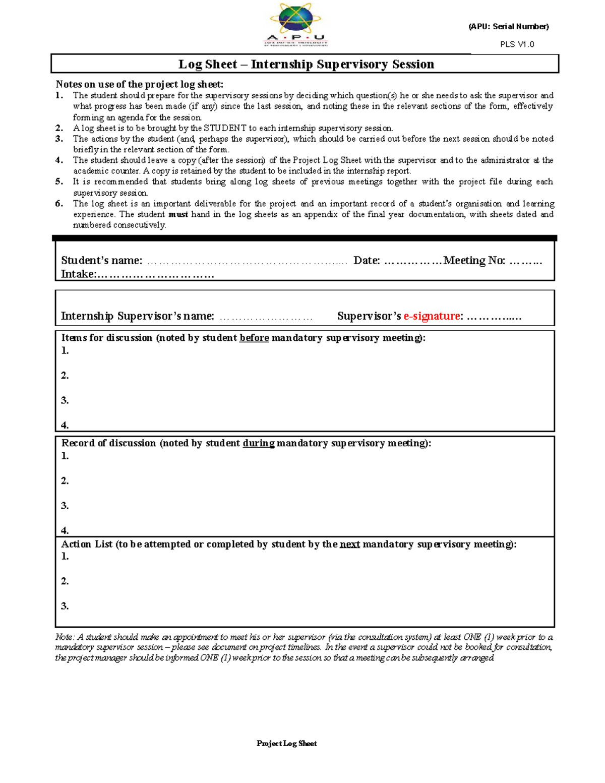 1-02B APU Internship Supervisory Project Log Sheet - Log Sheet ...