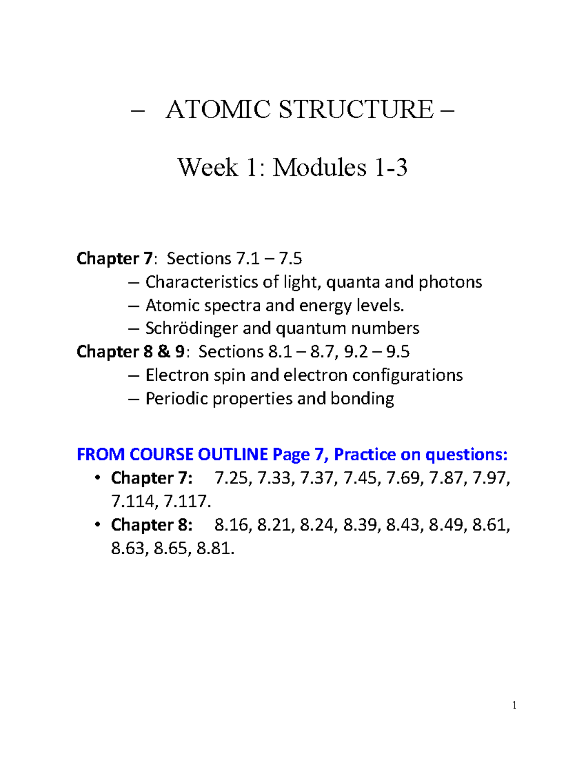 atomic structure review - – ATOMIC STRUCTURE – Week 1: Modules 1 ...