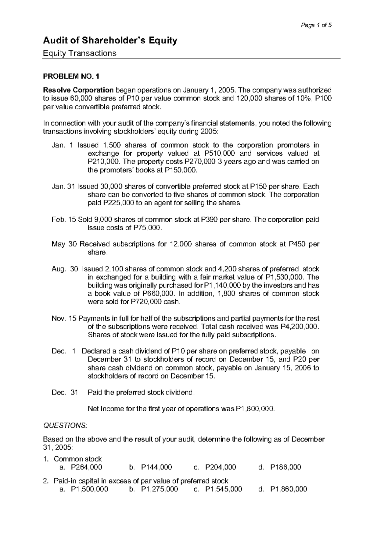 Audit of SHE Transactions - Audit of Shareholder’s Equity Equity Transactions PROBLEM NO. 1 ...