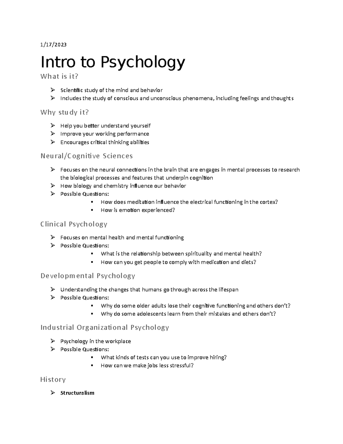 Week 1 Notes - 1/17/ Intro to Psychology What is it? Scientific study ...