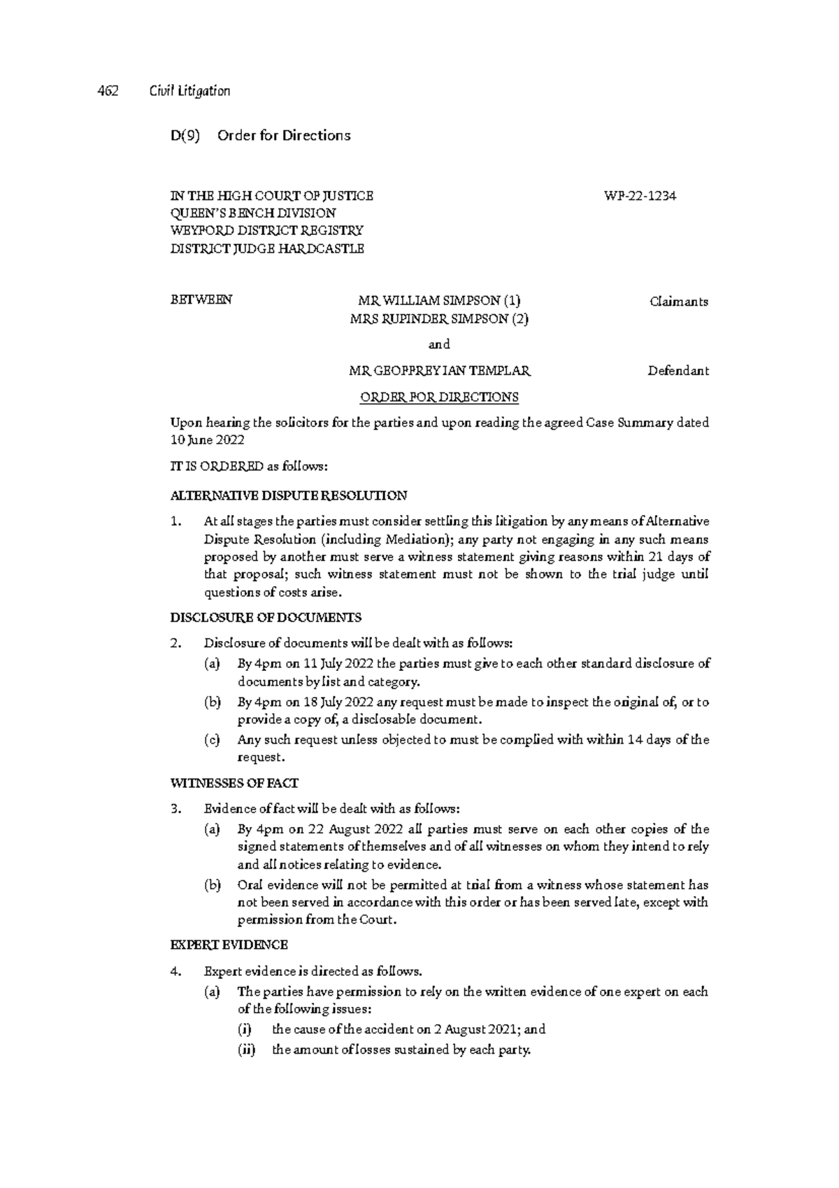 D(9) Order for Directions - 462 Civil Litigation D(9) Order for ...
