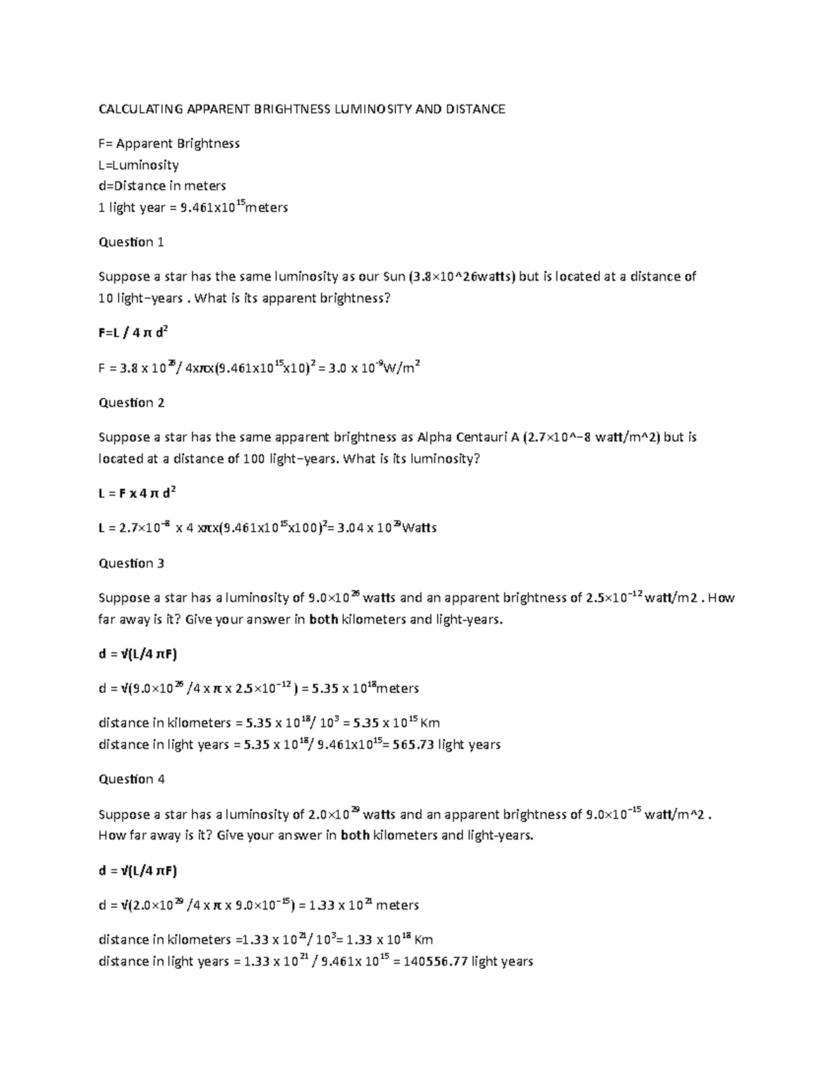 Astronomy Solutions - CALCULATING APPARENT BRIGHTNESS LUMINOSITY AND ...
