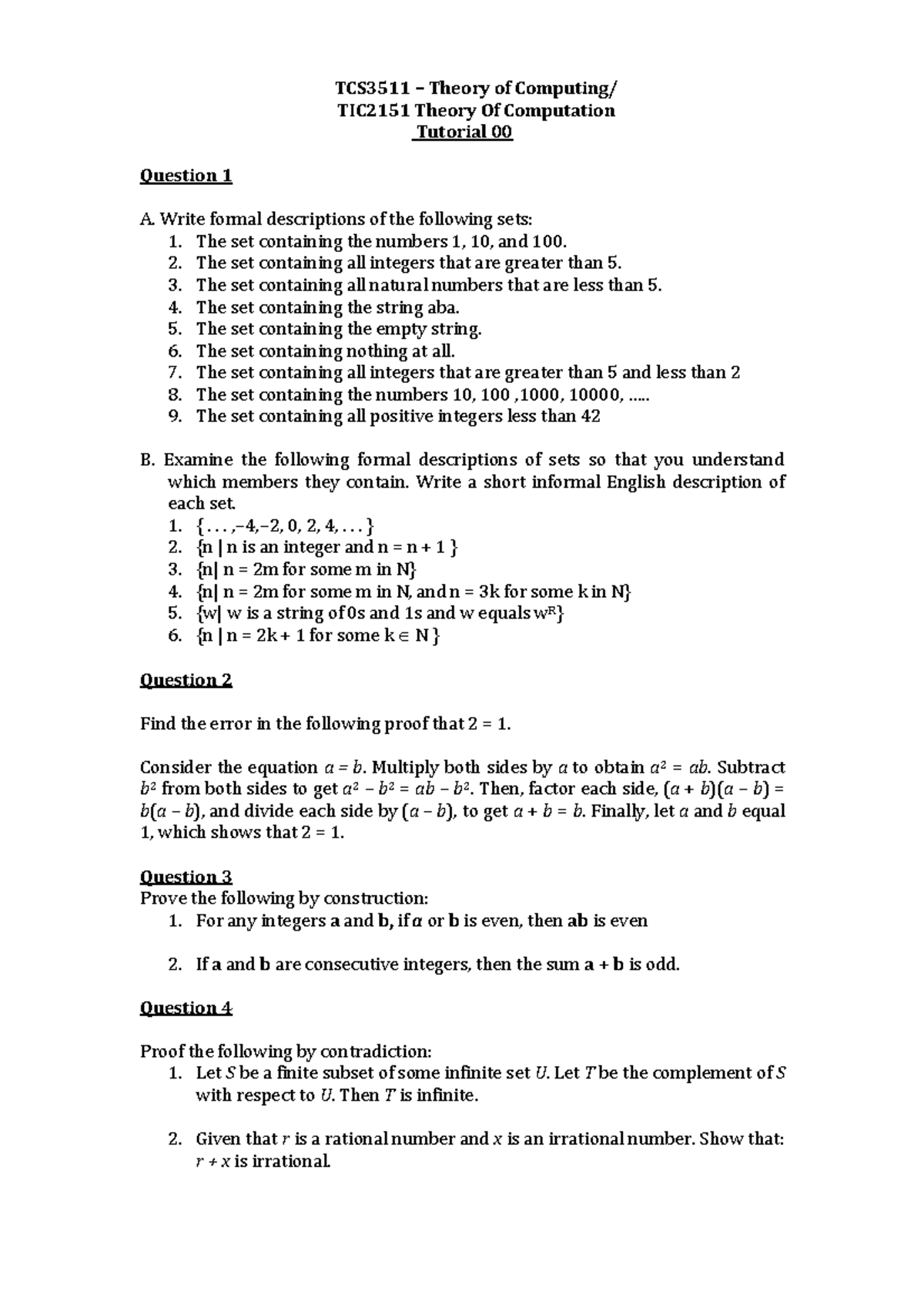 Tutorial 00 Pre Tcs3511 Theory Of Computing Tic2151 Theory Of Computation Tutorial 00