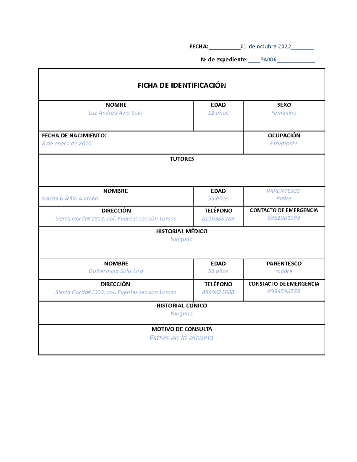 555 - 555 - FECHA:01 de octubre 2022 N· de expediente:PA006_____ FICHA DE IDENTIFICACIÓN NOMRE ...