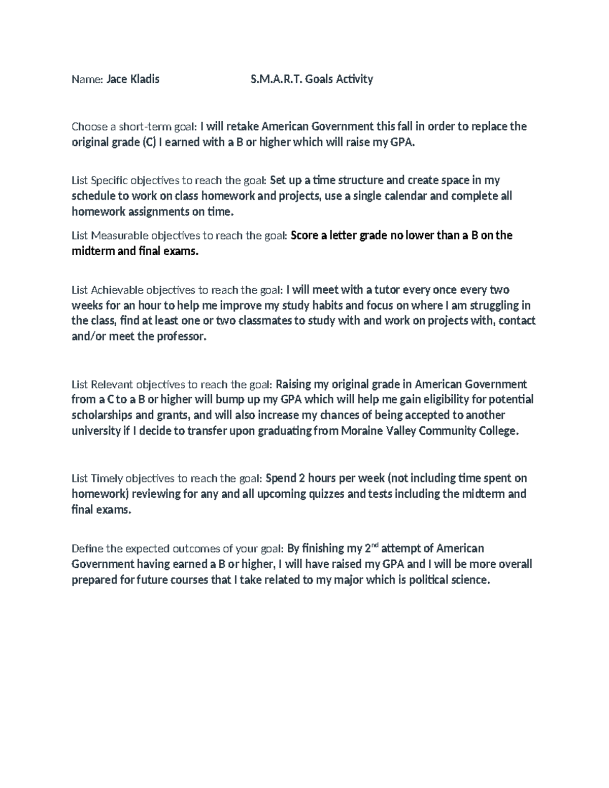 Smart Goals Activity - Define a short-term goal • List Specific ...