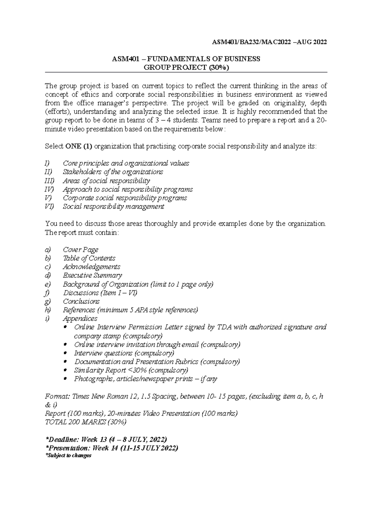 ASM401 Group Project Guidelines OCT 2021 - FEB 2022 - ASM401/BA232 ...