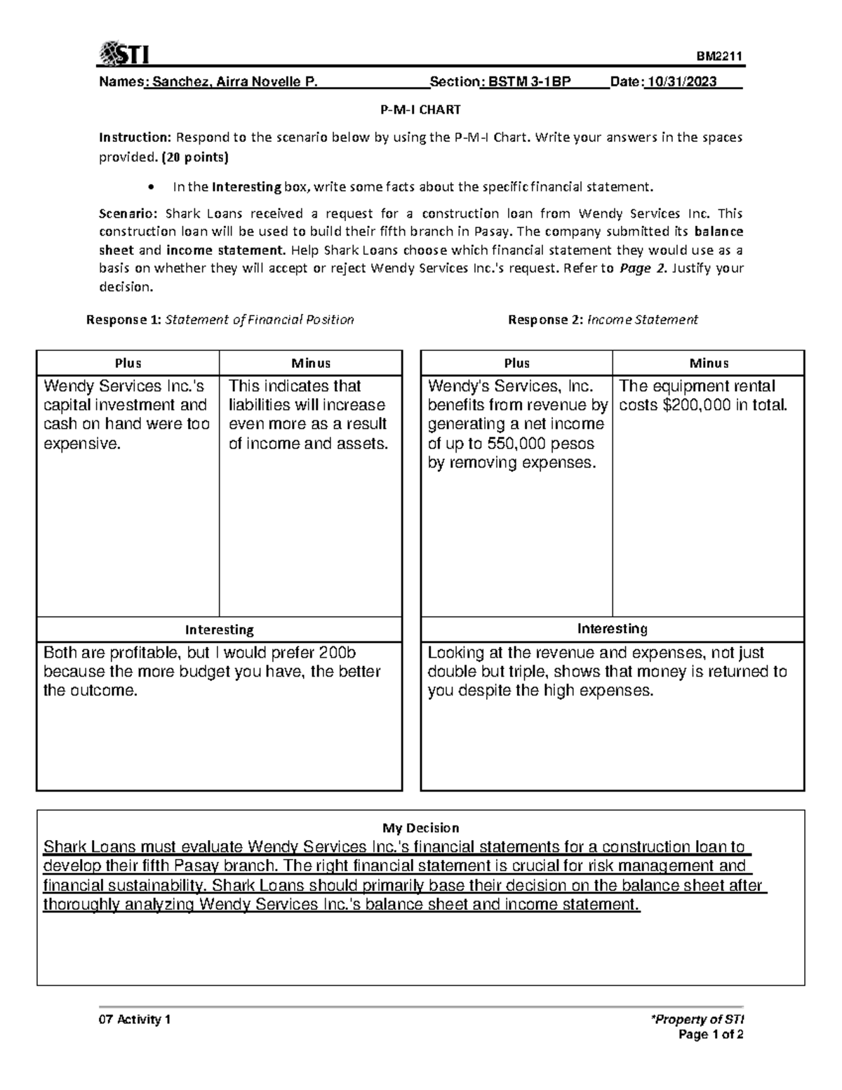 Sanchez 07 Activity 1 - BM 07 Activity 1 *Property of STI Page 1 of 2 ...