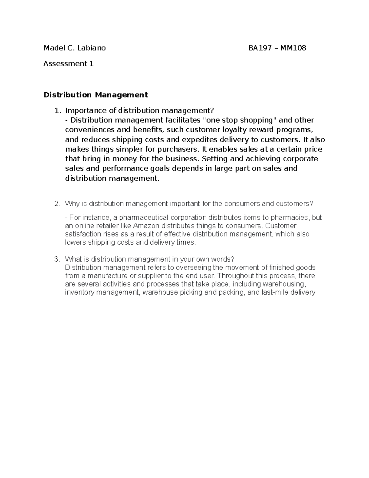 Distribution - Madel C. Labiano BA197 – MM Assessment 1 Distribution ...