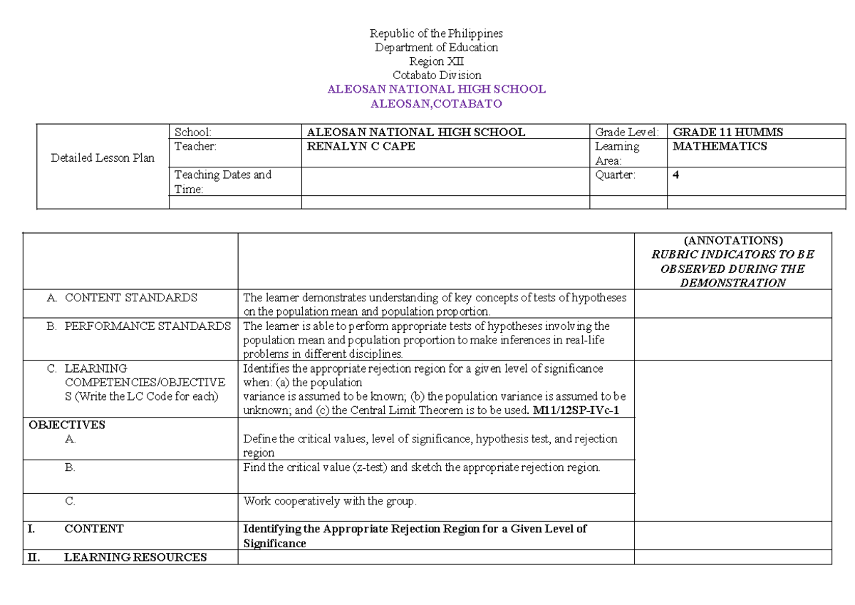 Shs lesson plan demo - rational - Republic of the Philippines ...