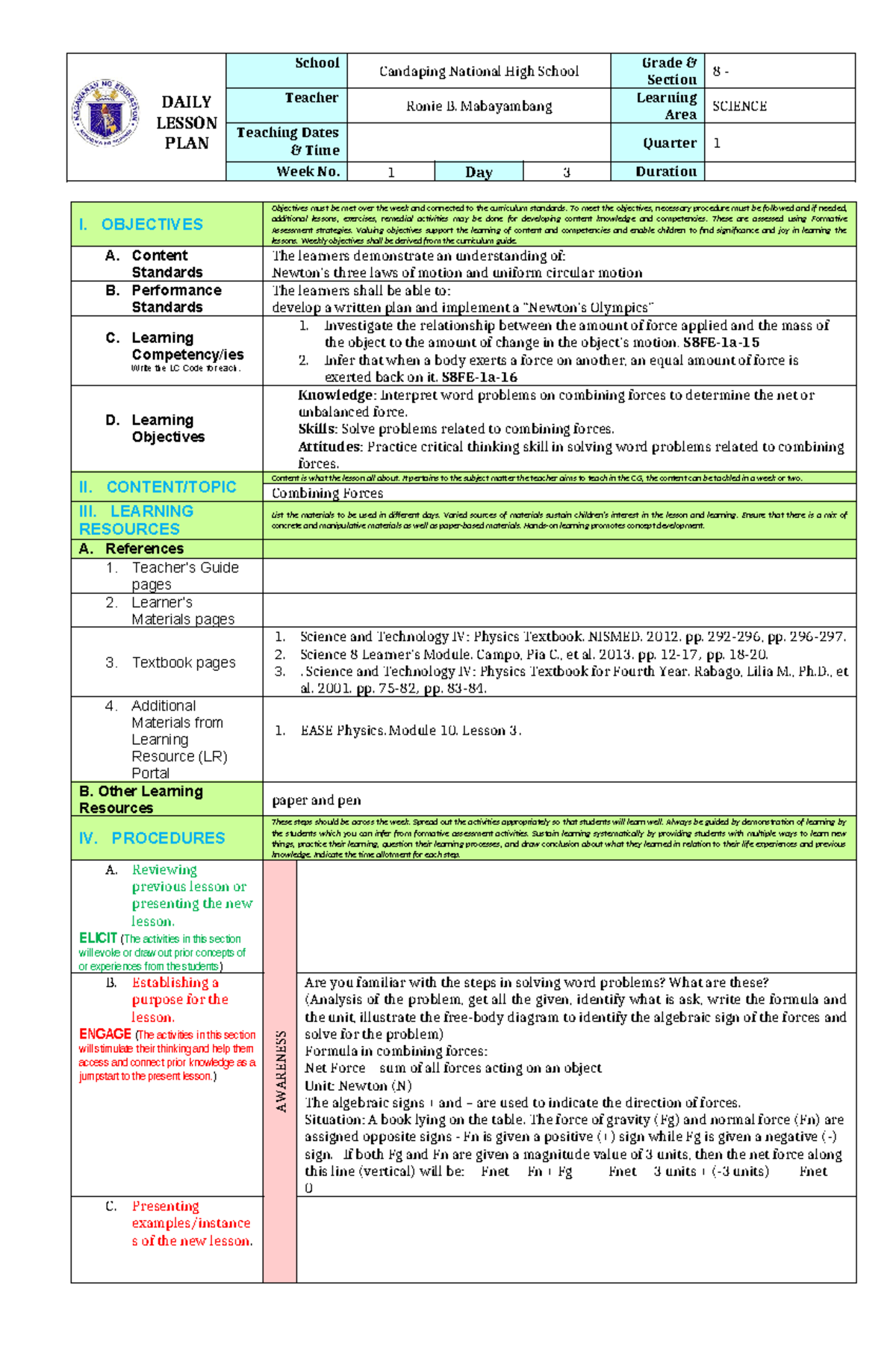 lesson plan in science quarter one week one day one junior high grade ...