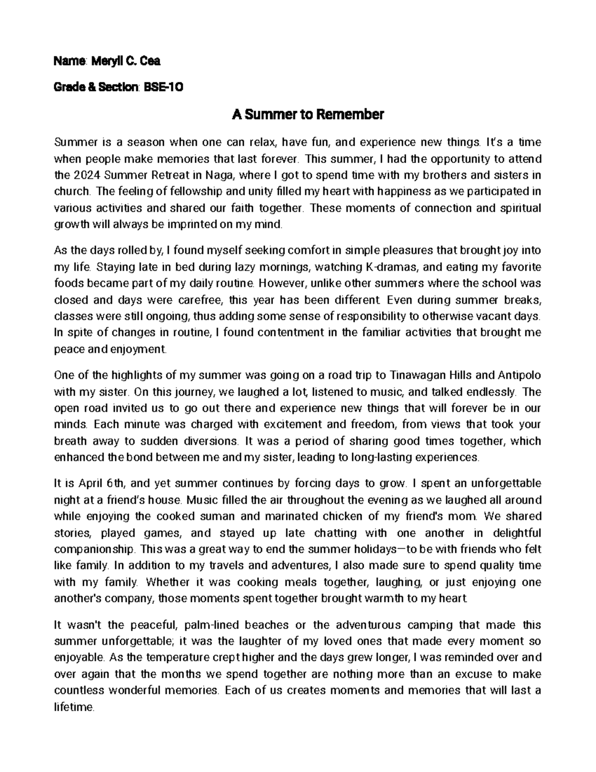 Narrative Essay of My Summer Time Experience - Name: Meryll C. Cea ...