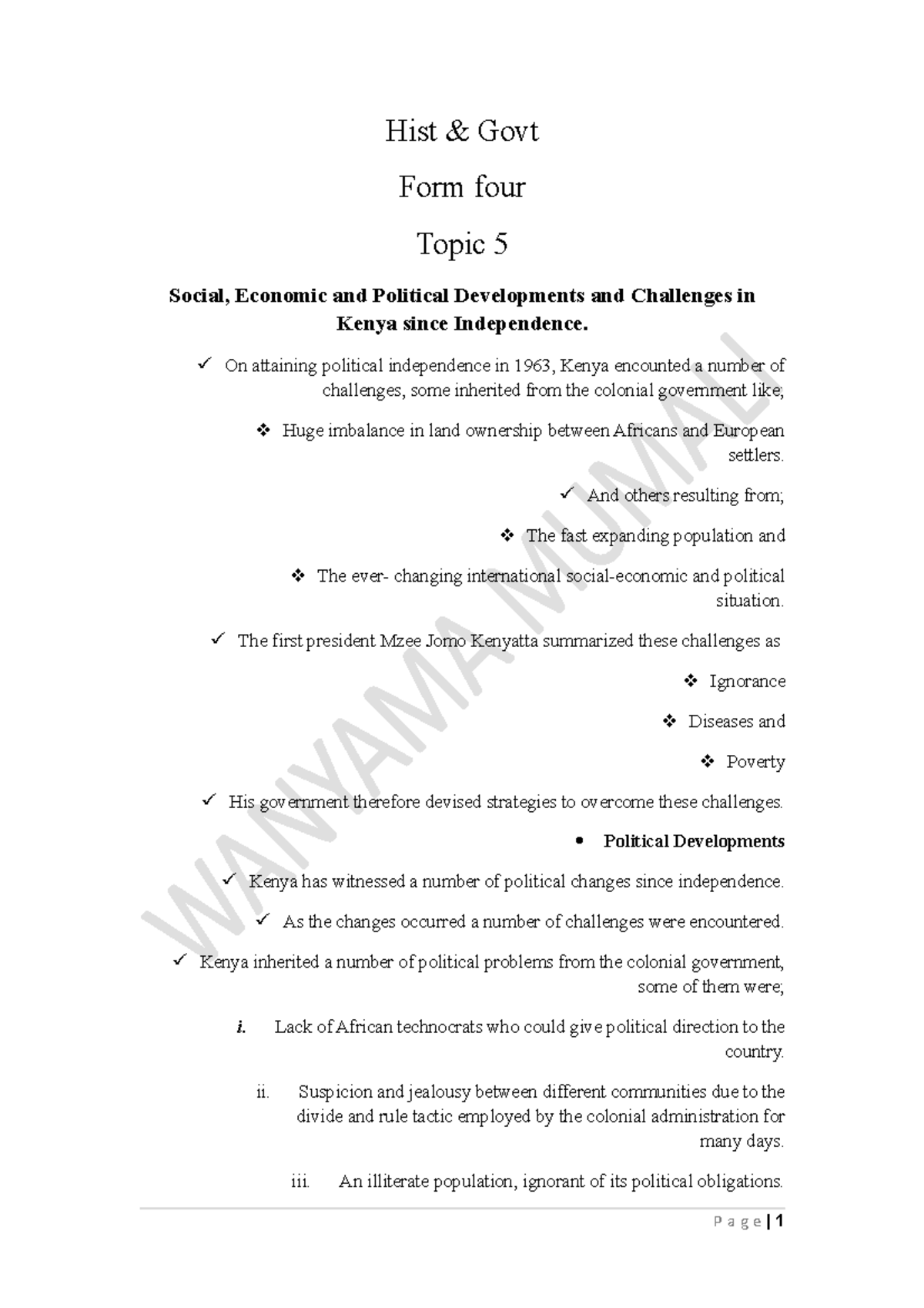 Topic 5 FM 4 - notes - Hist & Govt Form four Topic 5 Social, Economic ...