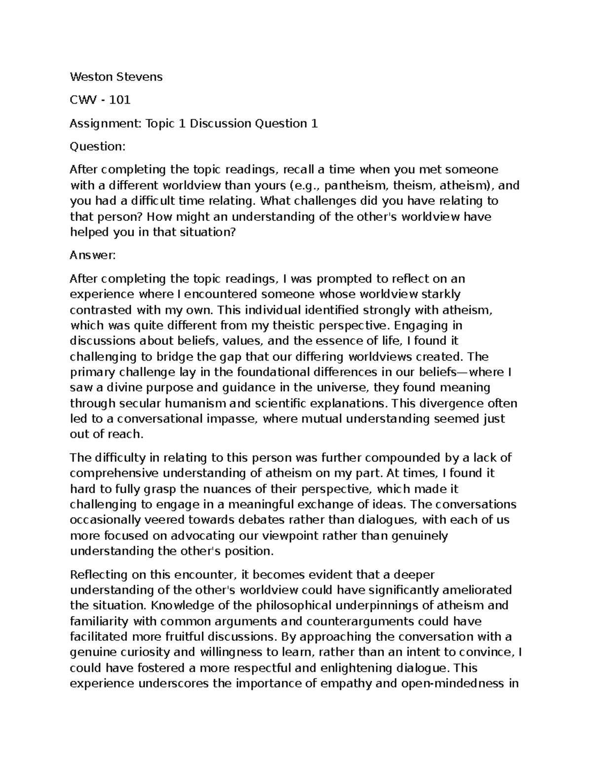 Topic 1 DQ - Weston Stevens CWV - 101 Assignment: Topic 1 Discussion ...