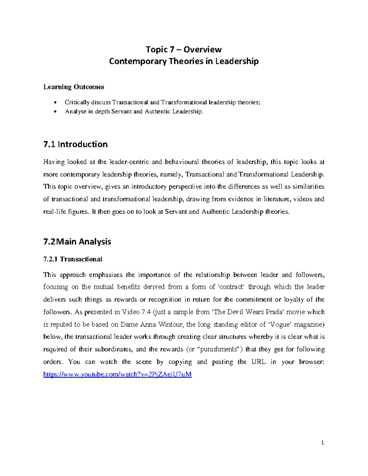 Topic 7 - Overview - Leadership and Management Theories - Topic 7 ...