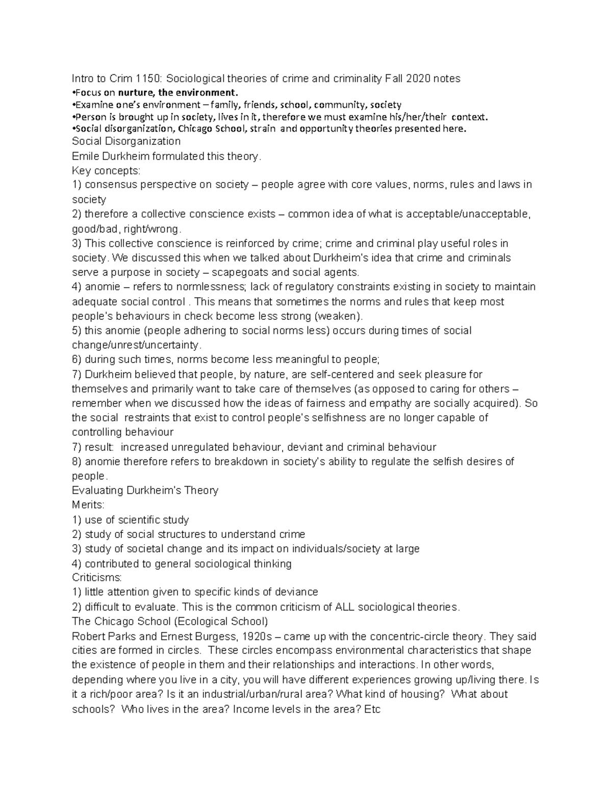 Intro to Crim 1150 Sociological theories of crime and criminality Fall ...