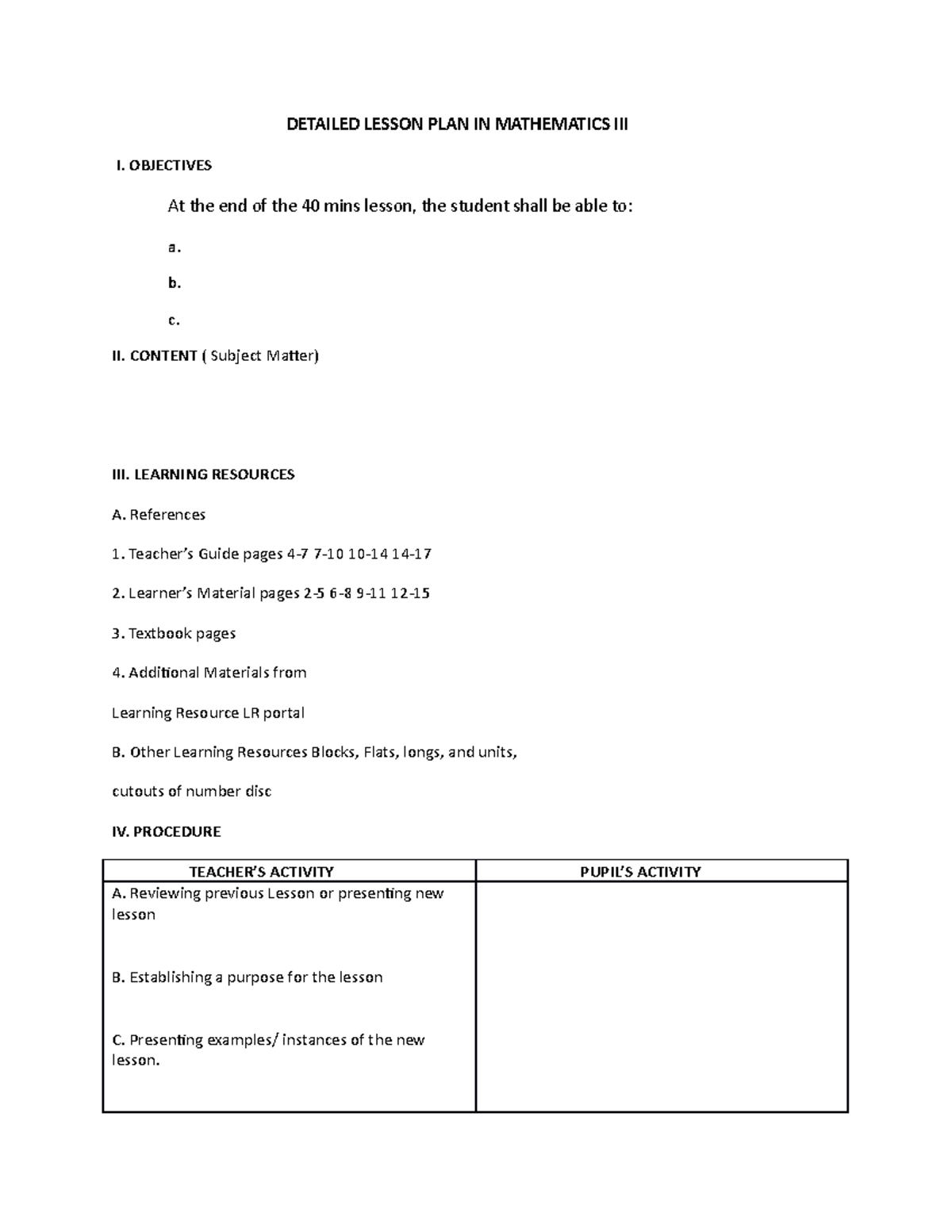 Format Lesson PLAN IN MATH - DETAILED LESSON PLAN IN MATHEMATICS III I ...