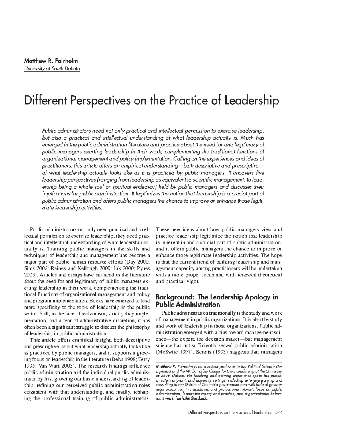 Different Perspectives on the Practice of Leadership - Fairholm ...