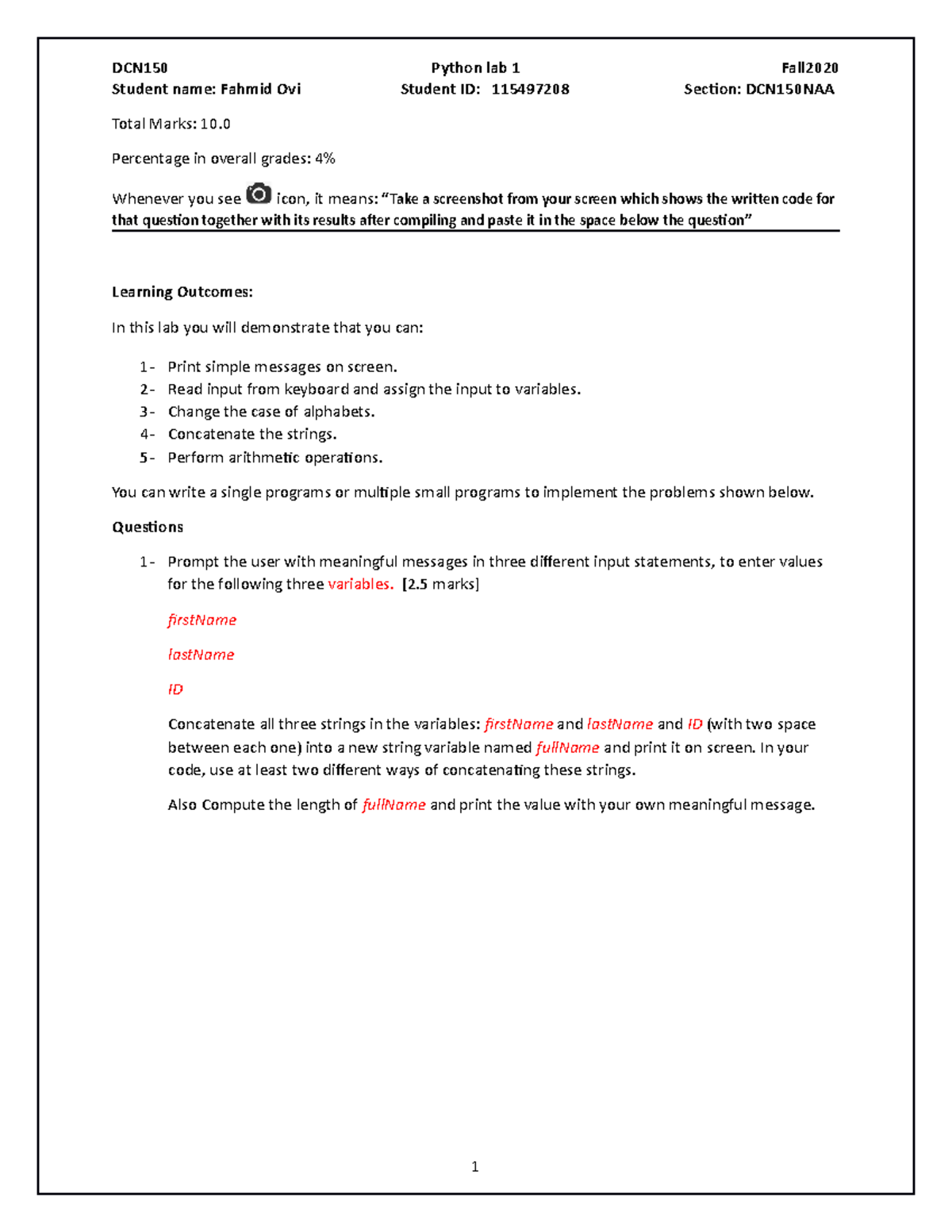 Python Lab 1 - DCN150 - Seneca College - Studocu