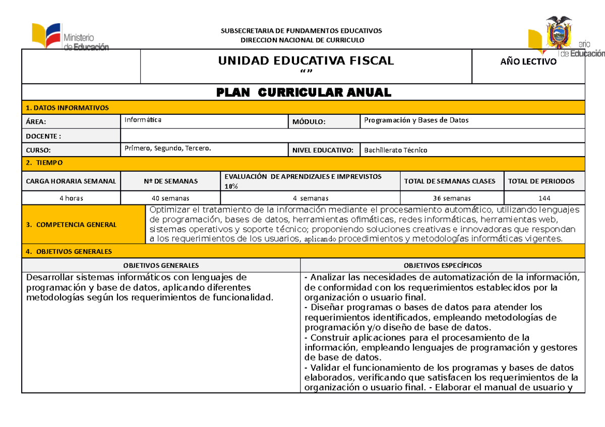 Programacion Y Bases Deatos - DIRECCION NACIONAL DE CURRICULO UNIDAD EDUCATIVA FISCAL “” AÑO ...