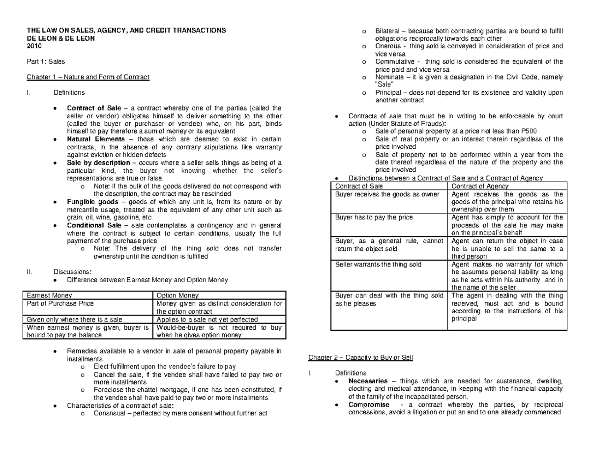 The Law on Sales Agency and Credit Transactions - Summary Notes (Law ...