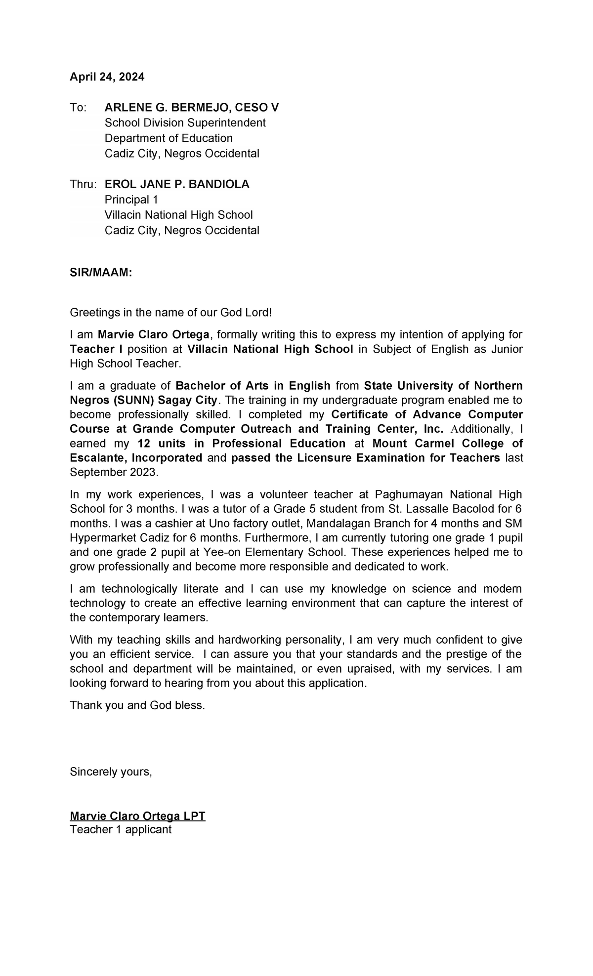 Letter of Intent ( Final) - April 24, 2024 To: ARLENE G. BERMEJO, CESO ...