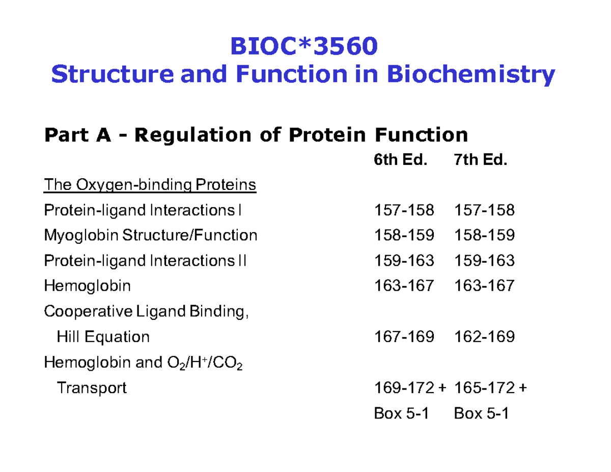 BIOC 3560 A Oxygen Binding - BIOC* Structure and Function in Biochemistry Part A - Regulation of ...