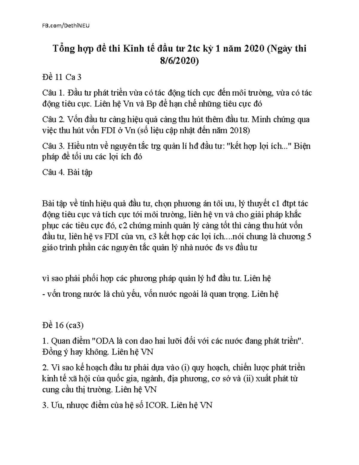 Tổng hợp đề thi Kinh tế đầu tư 2tc kỳ 1 năm 2020 - Đầu tư phát triển ...