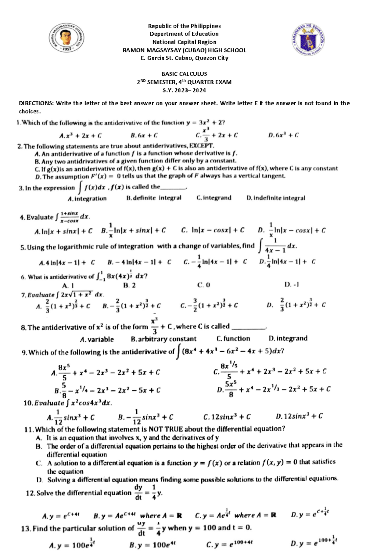 Basic-Calculus-PT-2nd-Sem-4Q - Republic of the Philippines Department ...
