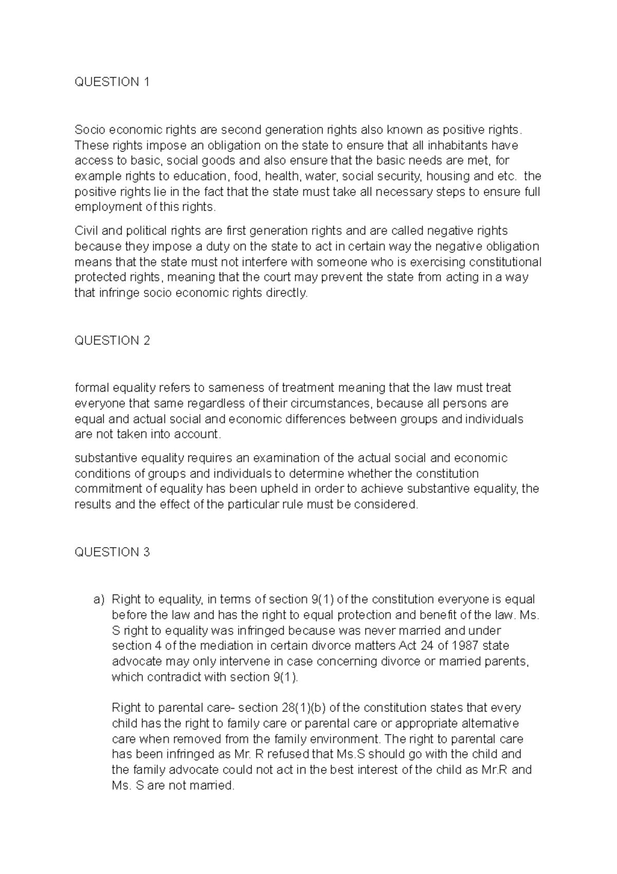 Fur 2601 - none - QUESTION 1 Socio economic rights are second ...