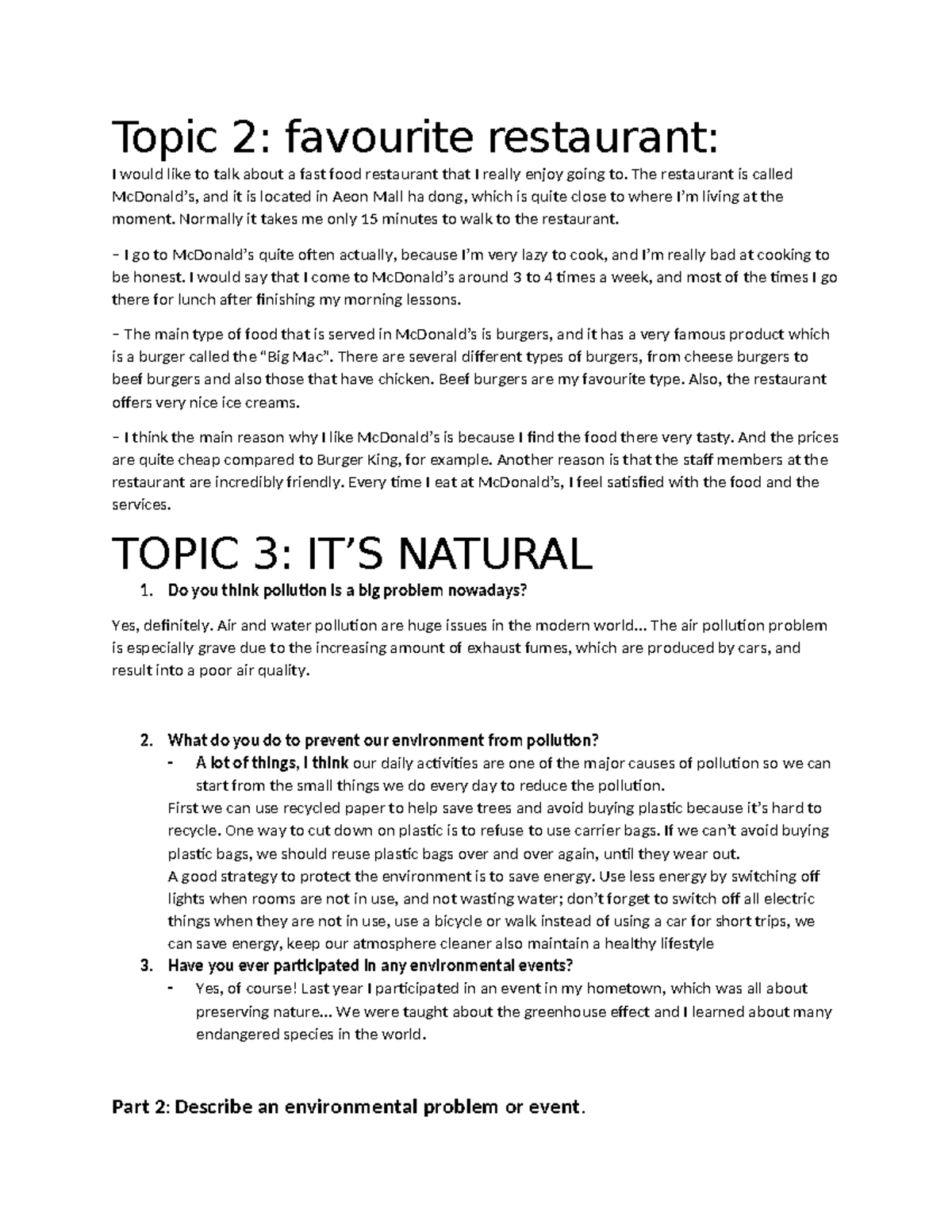 TACB3- Speaking - Topic 2: favourite restaurant: I would like to talk ...