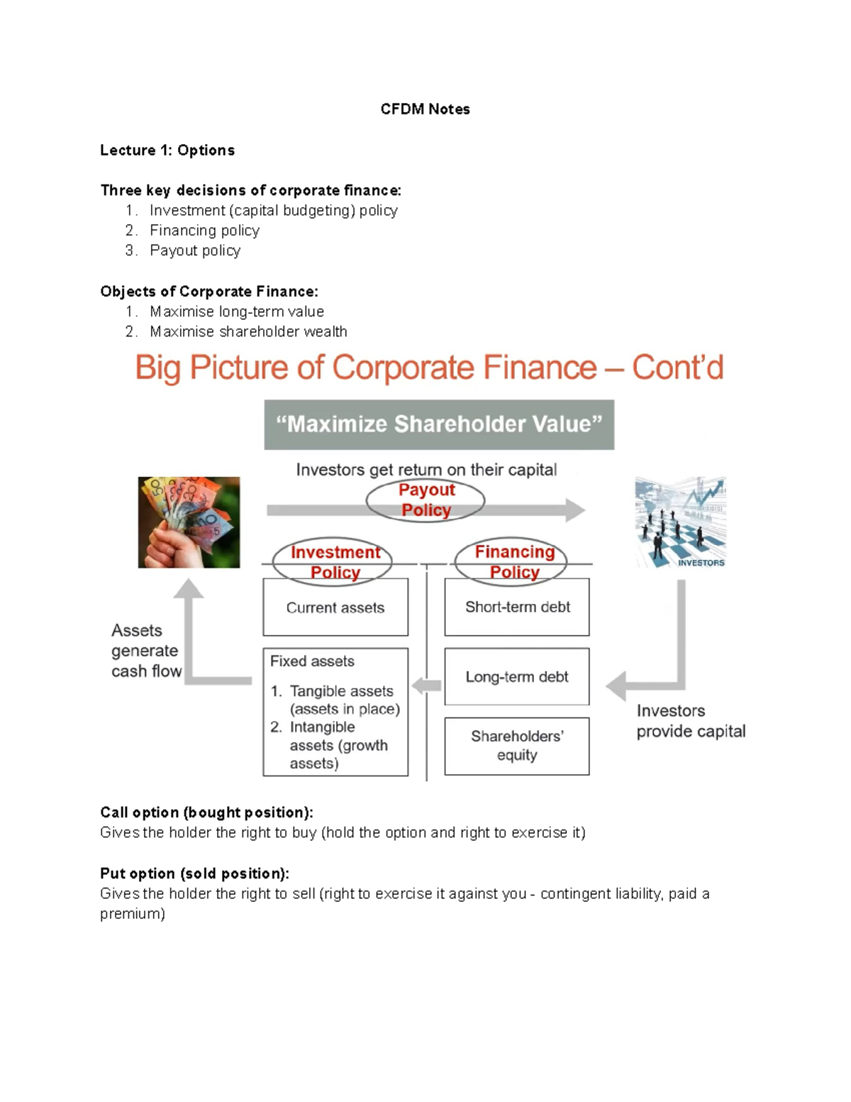 CFDM Lecture Notes - CFDM Notes Lecture 1: Options Three key decisions ...