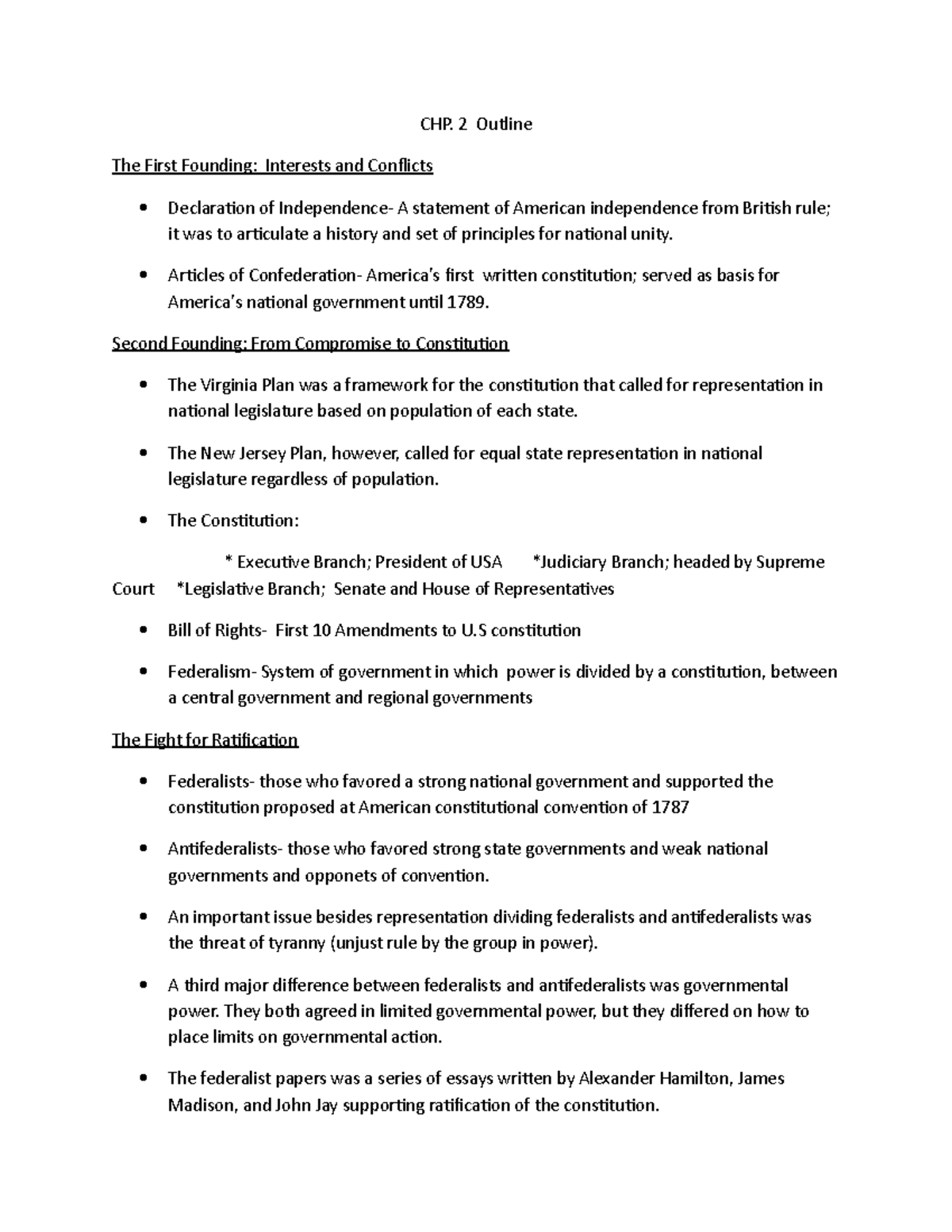 Gov chp.2 outline - Foundings, branches notes - CHP. 2 Outline The ...