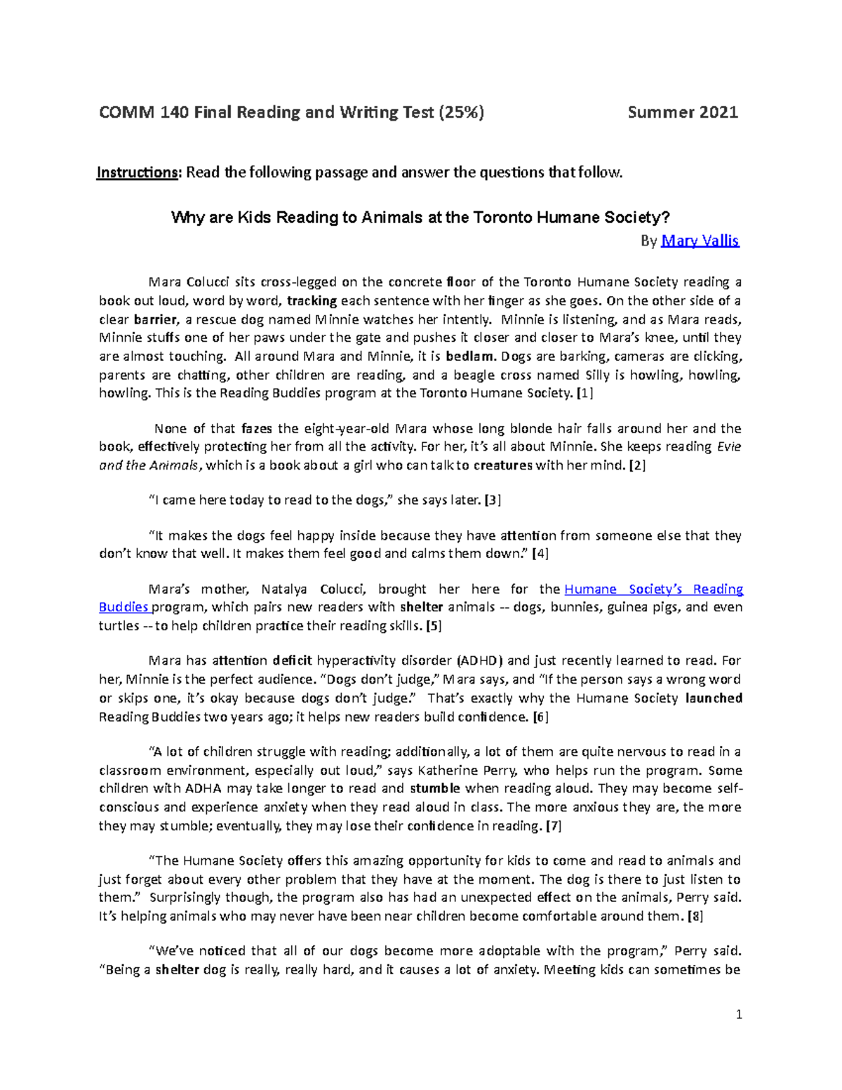 Final Reading and Writing Test Friday M2021 Reading to Animals - COMM ...