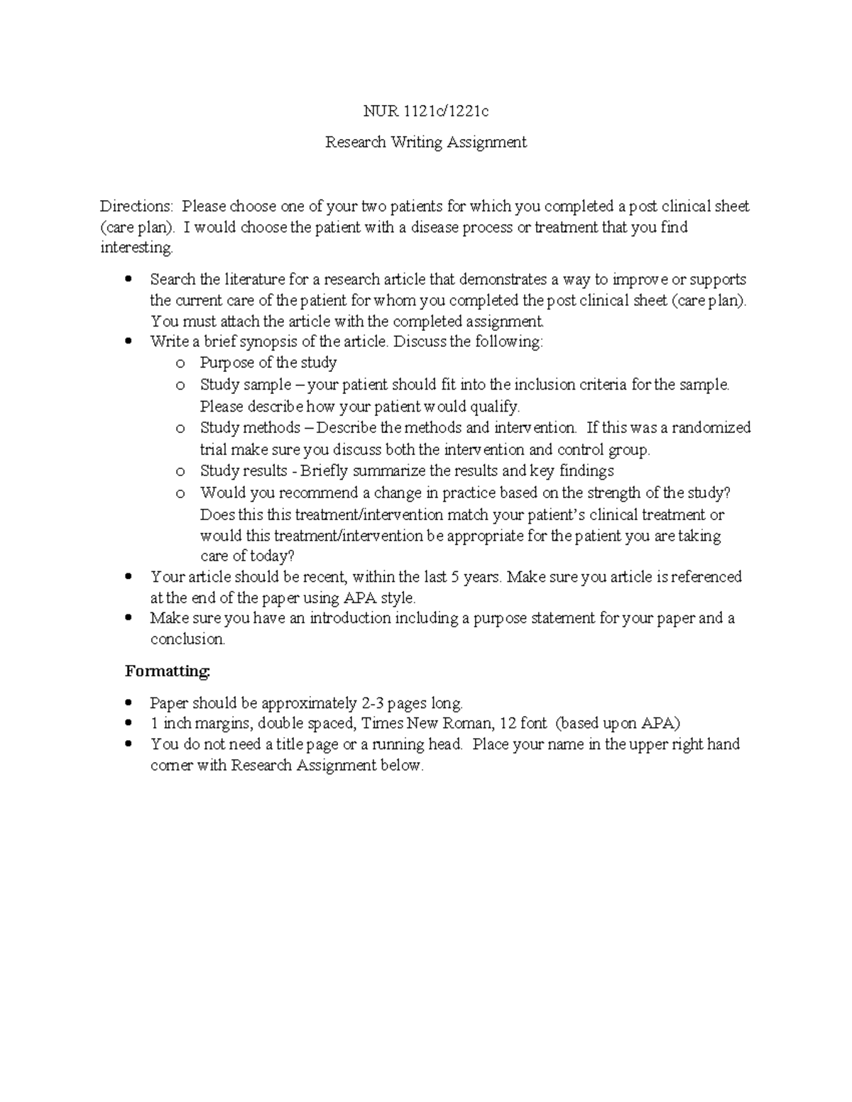 Research writing assignment 2191 - NUR 1121c/1221c Research Writing ...