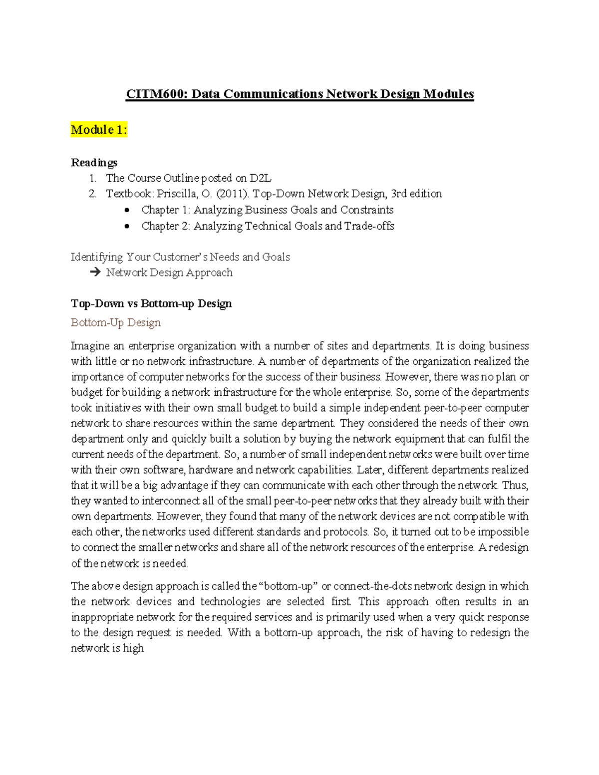 C Itm600 Module Notes Citm600 Data Communications Network Design Modules Module 1 Readings