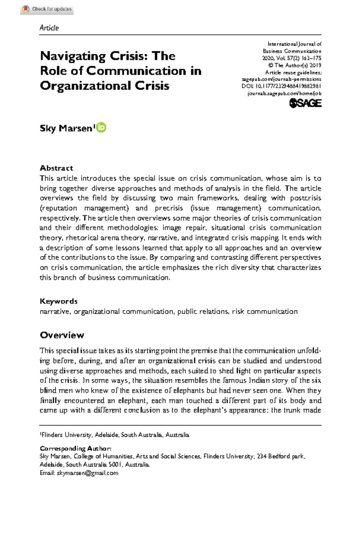 Marsen 2019 navigating crisis the role of communication in ...
