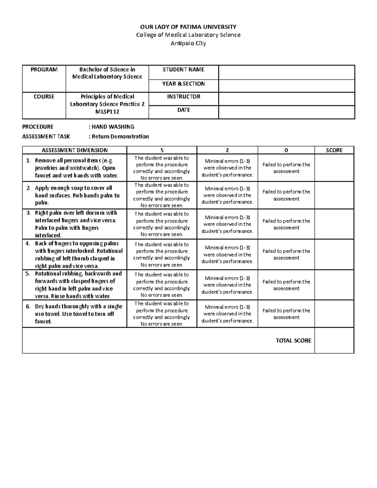 Handwashing Rubrics - OUR LADY OF FATIMA UNIVERSITY College of Medical ...