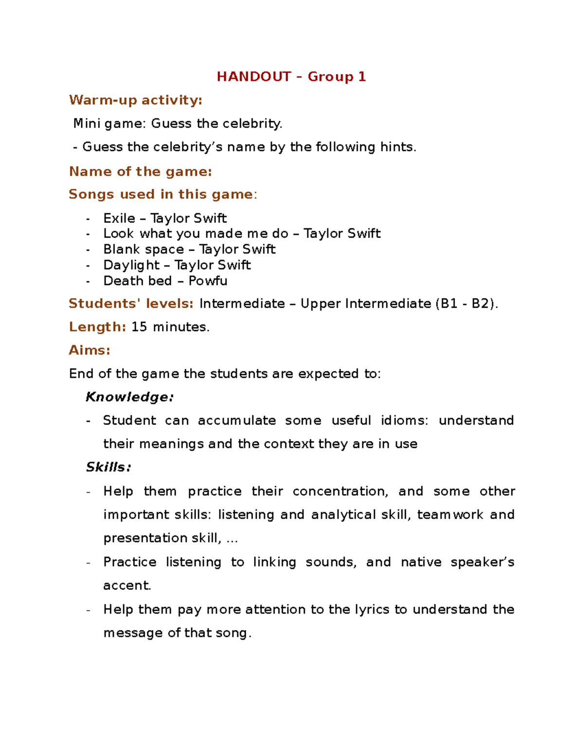 Handout-Group - Good luck. - HANDOUT – Group 1 Warm-up activity: Mini ...