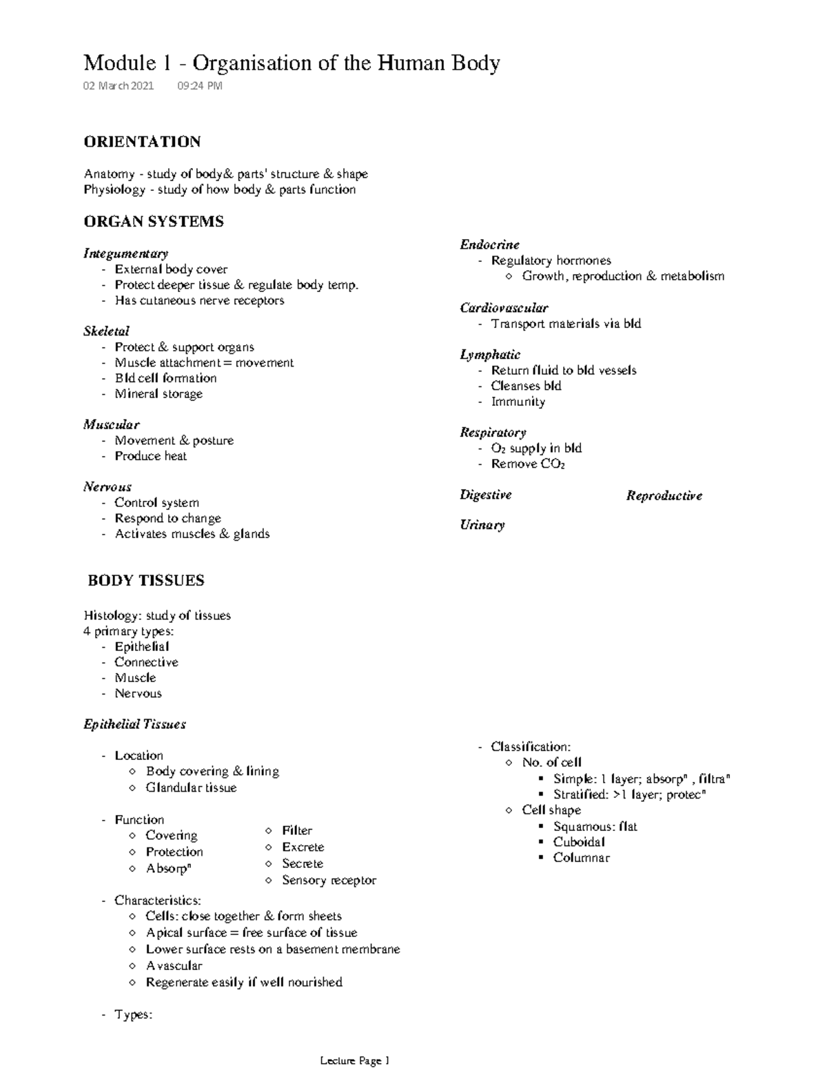 APH - Organisation of the Human Body - ORIENTATION Anatomy - study of ...