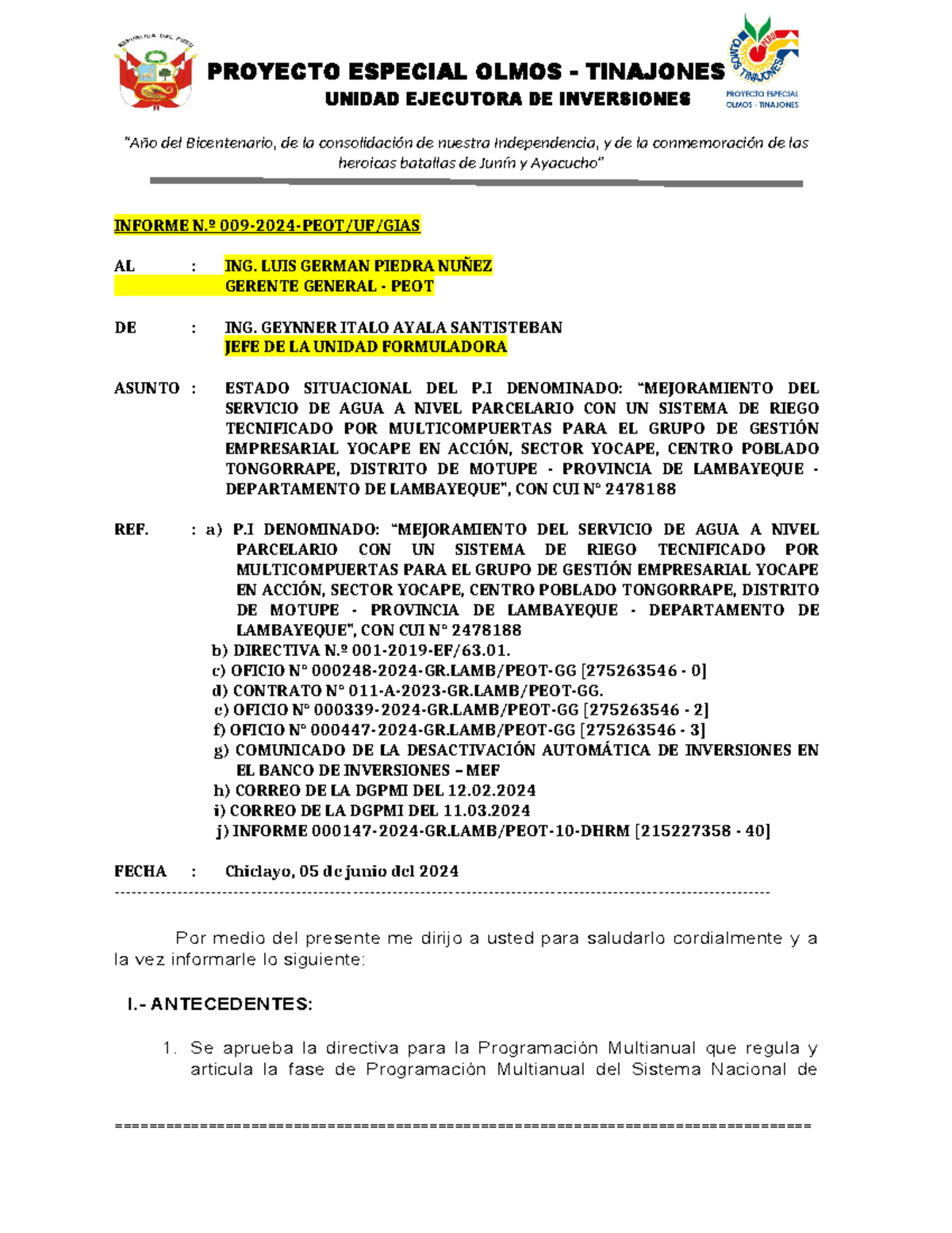 Informe Estado Situacional DE Proyecto DE Inversión CON CUI N° 2478188 ...