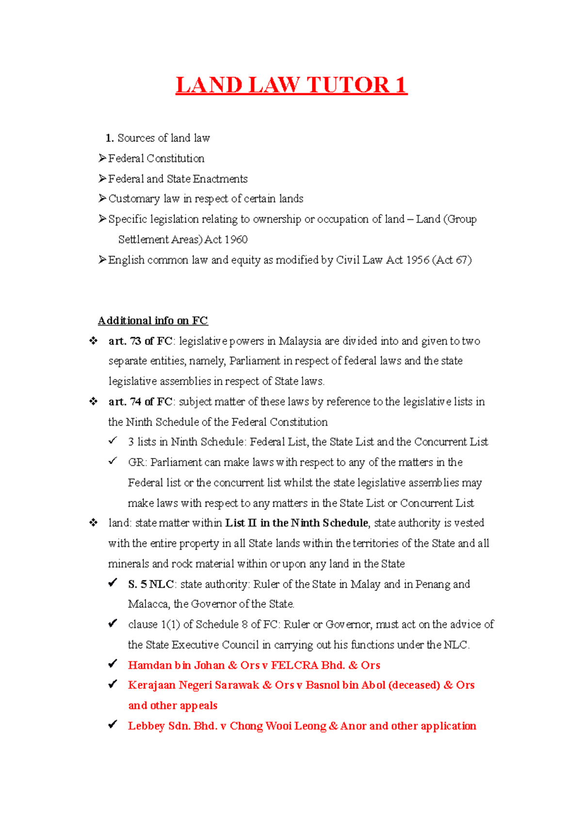 LAND LAW Tutorials - Effective tutorial answers - LAND LAW TUTOR 1 Sources of land law Federal ...