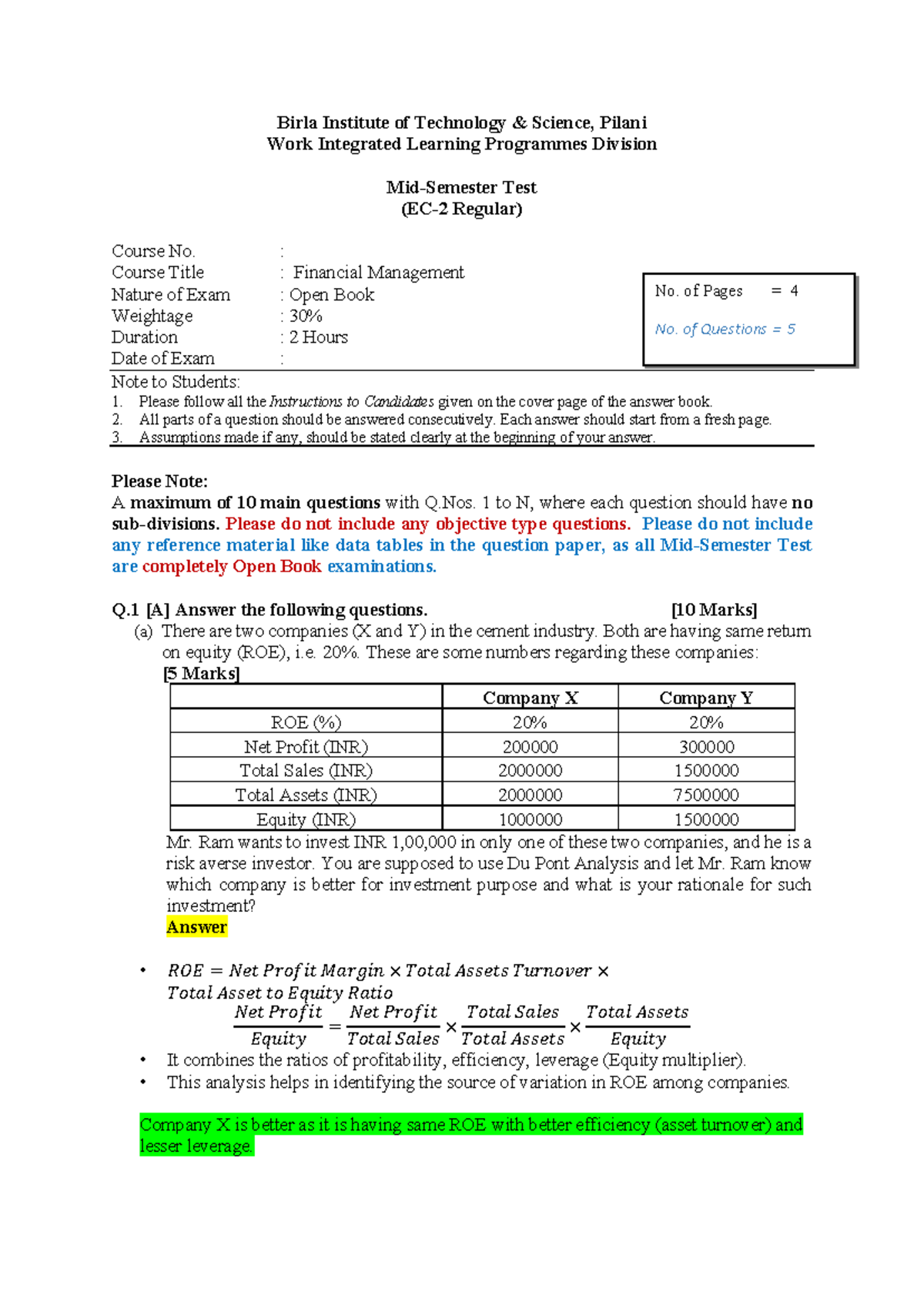 Mid-term Sample paper with Solution - Birla Institute of Technology ...