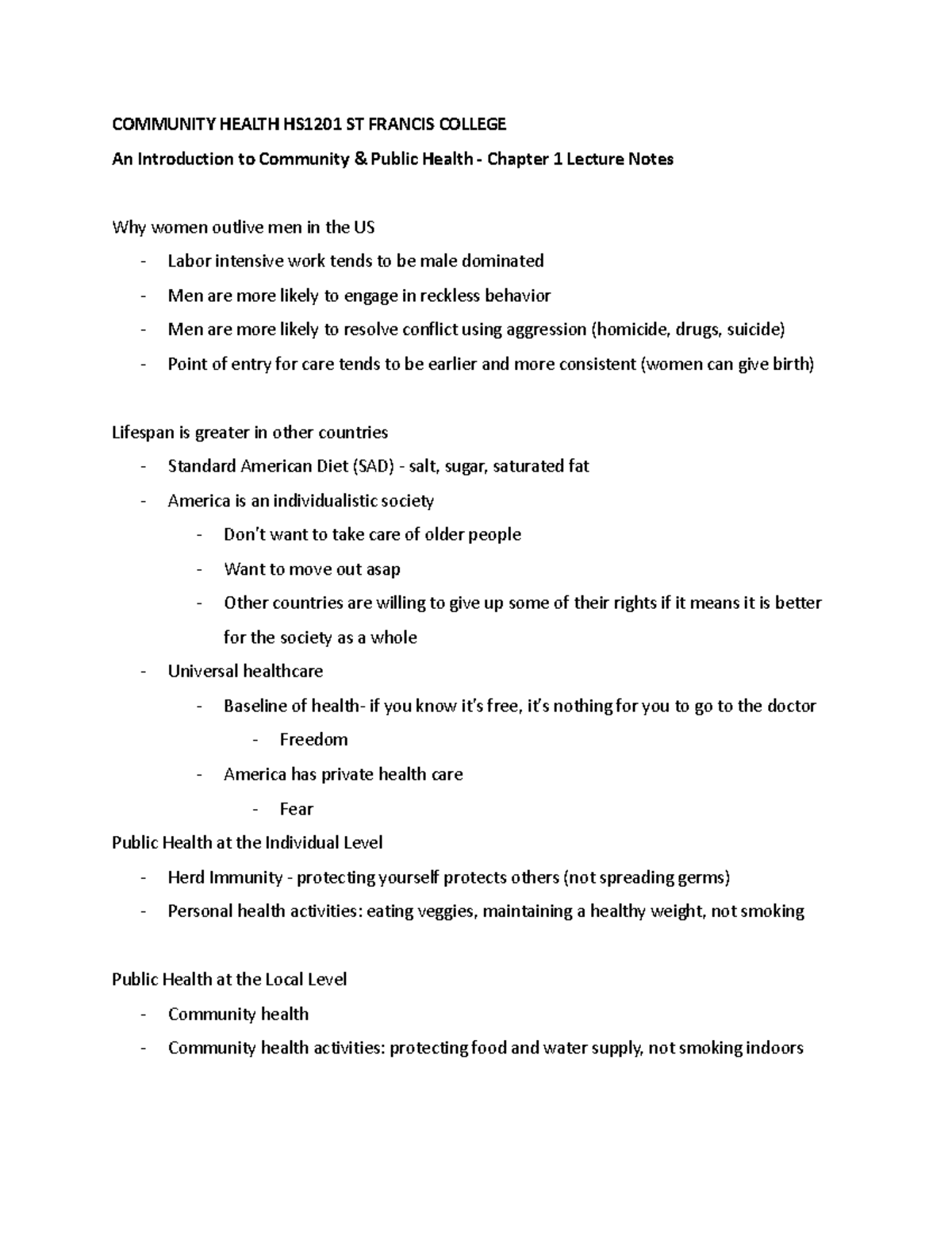 Introduction to Community & Public Health - Chapter 1 Lecture Notes ...