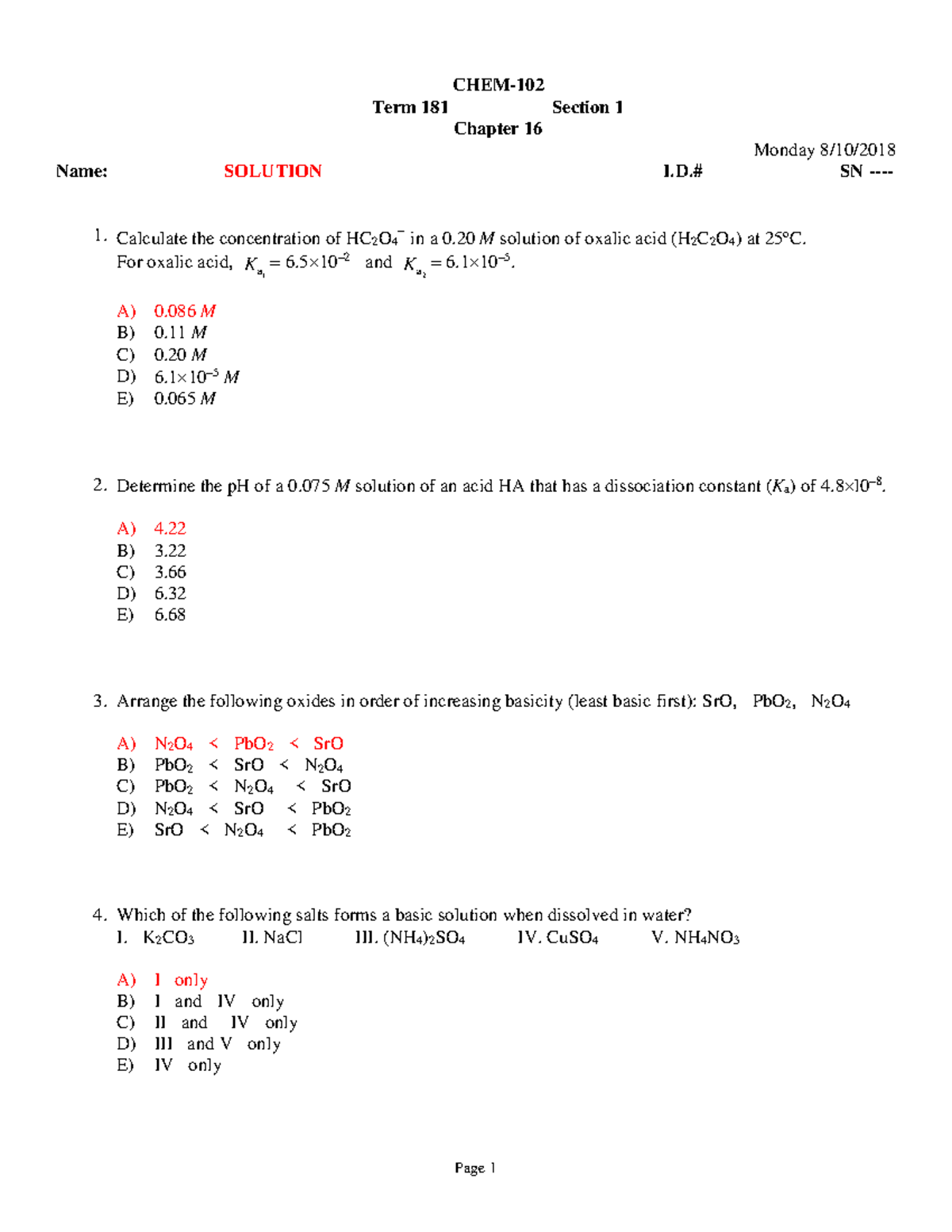 Quiz 16 15 May, questions and answers - Page 1 CHEM- Term 181 Section 1 ...