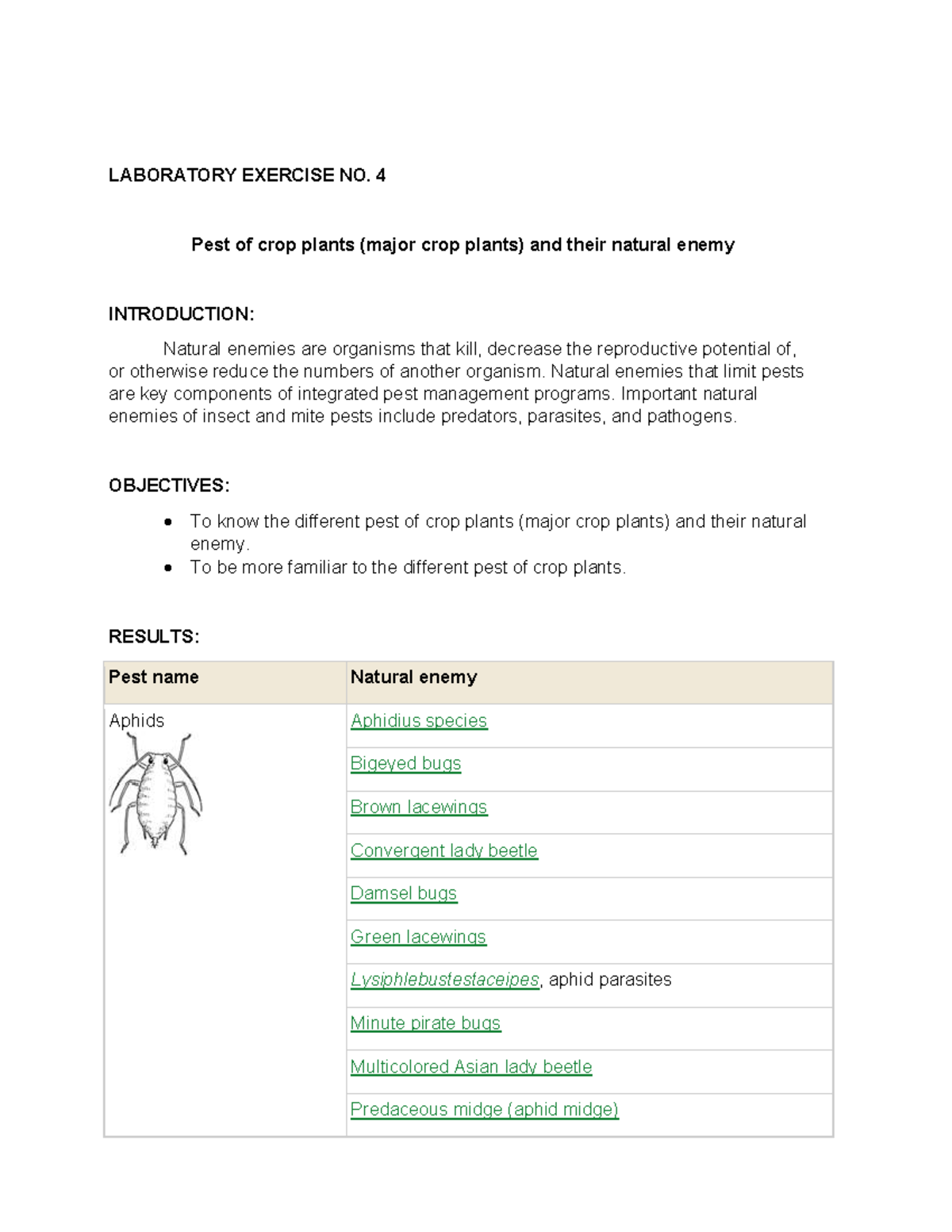 Laboratory Exercises NO. 4 - LABORATORY EXERCISE NO. 4 Pest of crop ...