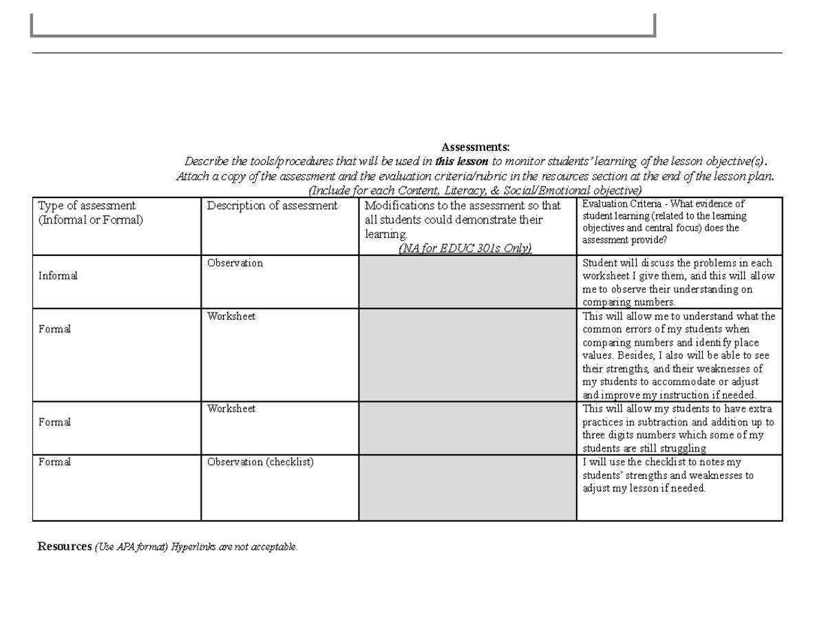 Assessments and Worksheets - Assessments: Describe the tools/procedures ...